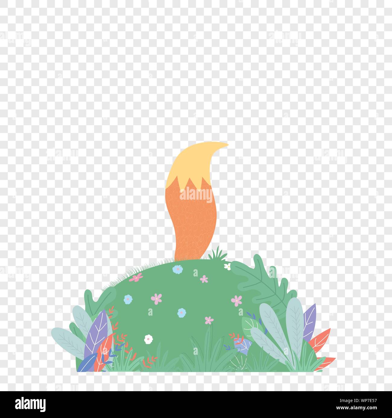 Cute fox tail sticking up above of green field with leaves, grass and ...