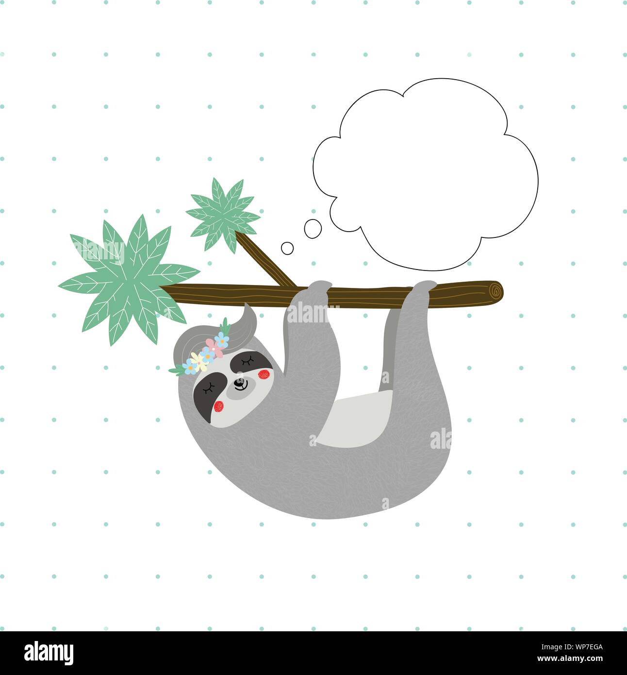 Cute funny sloth in flower wreath sleep hanging on tree branch on white ...