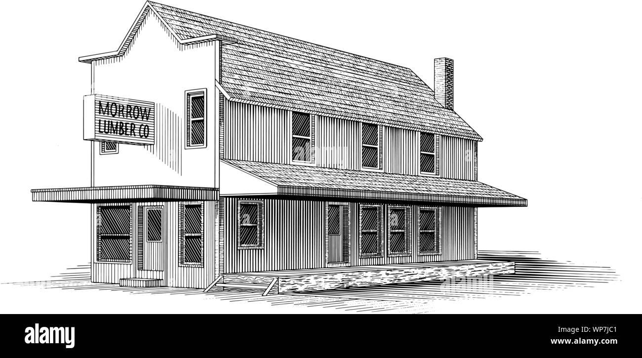 Woodcut-style illustration of an old lumber company building Stock ...