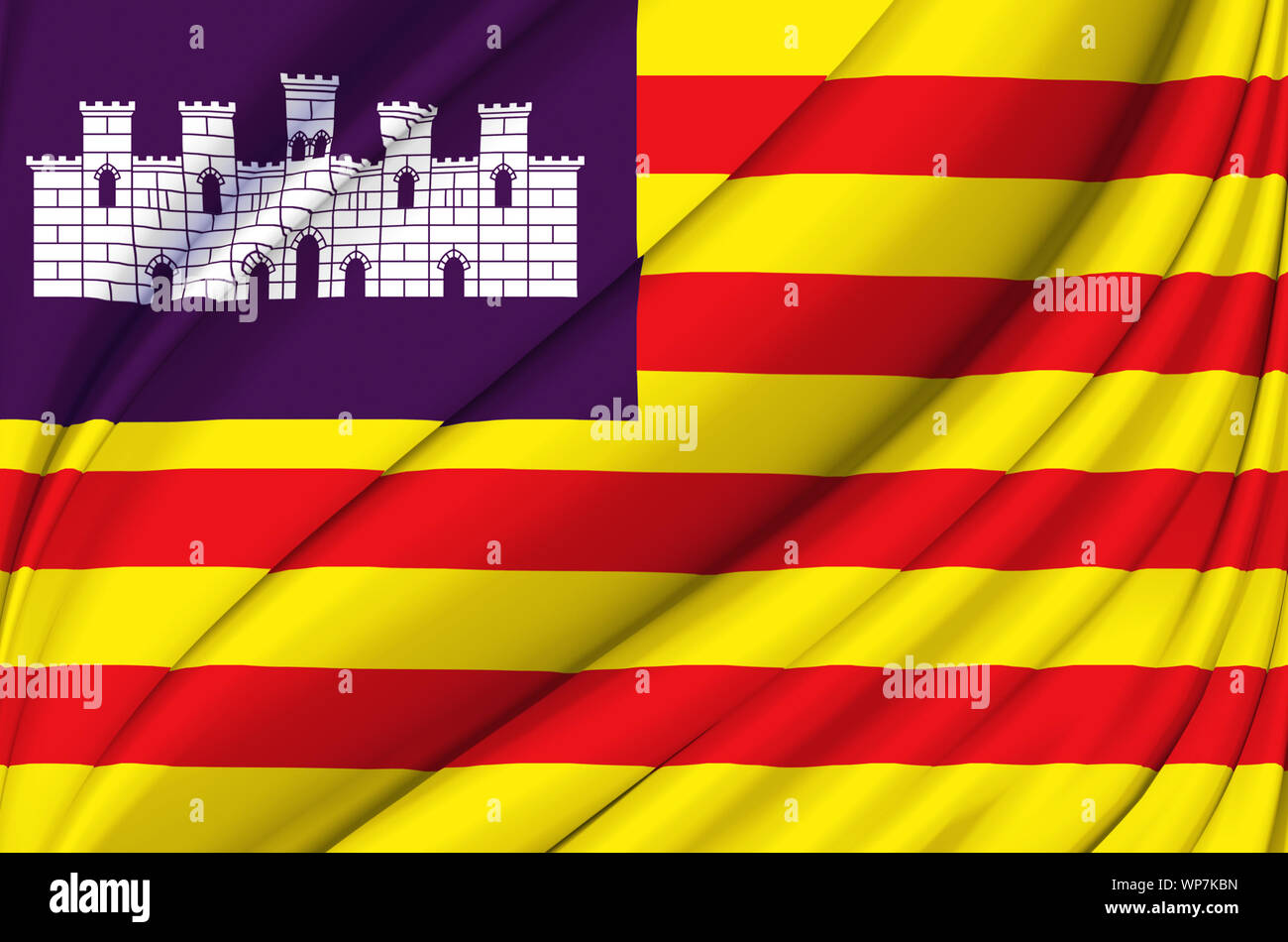 Balearic Islands waving flag illustration. Regions and cities of Spain ...