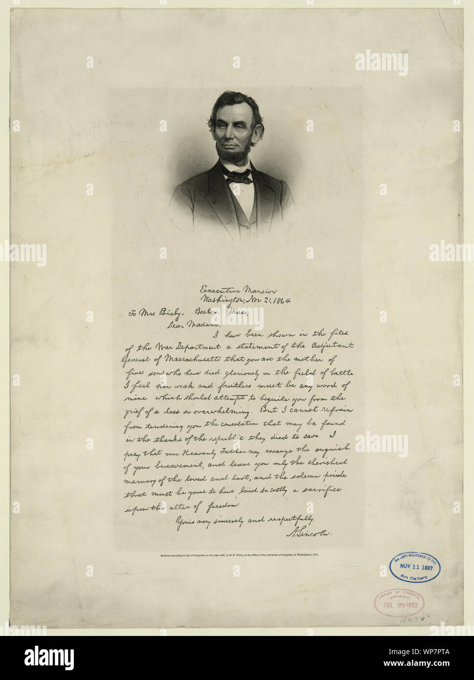 Letter from Abraham Lincoln to Mrs. Bixby, with bust-length portrait of ...