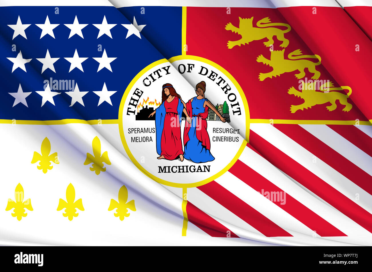 Detroit Michigan waving flag illustration. Regions and Cities of the ...