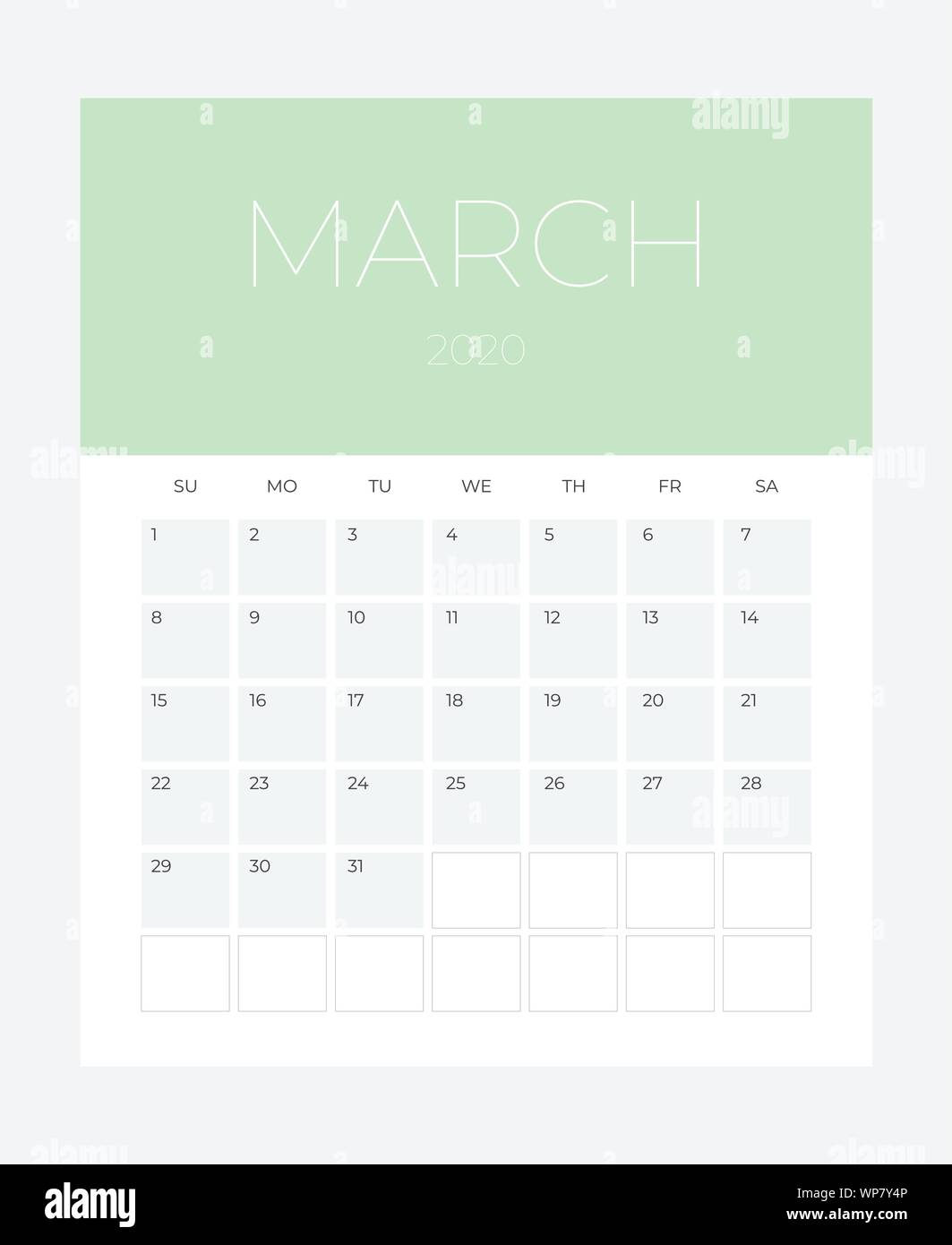 March - 2020 Calendar - illustration. Template. Mock up Week starts ...