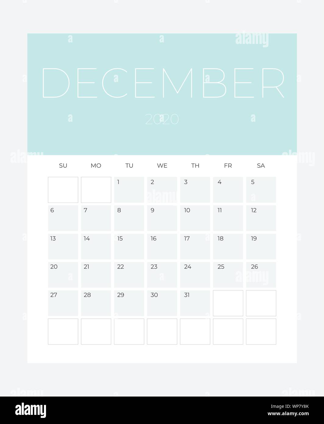 December - 2020 Calendar - illustration. Template. Mock up Week starts ...