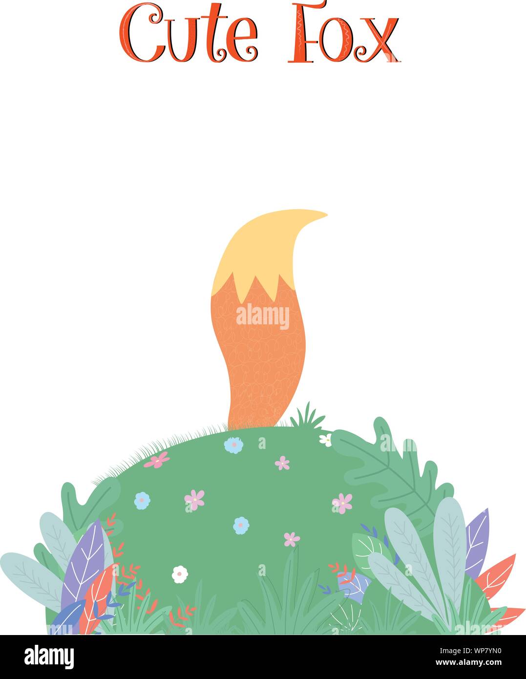 Cute fox tail sticking up above of green field with leaves, grass and ...