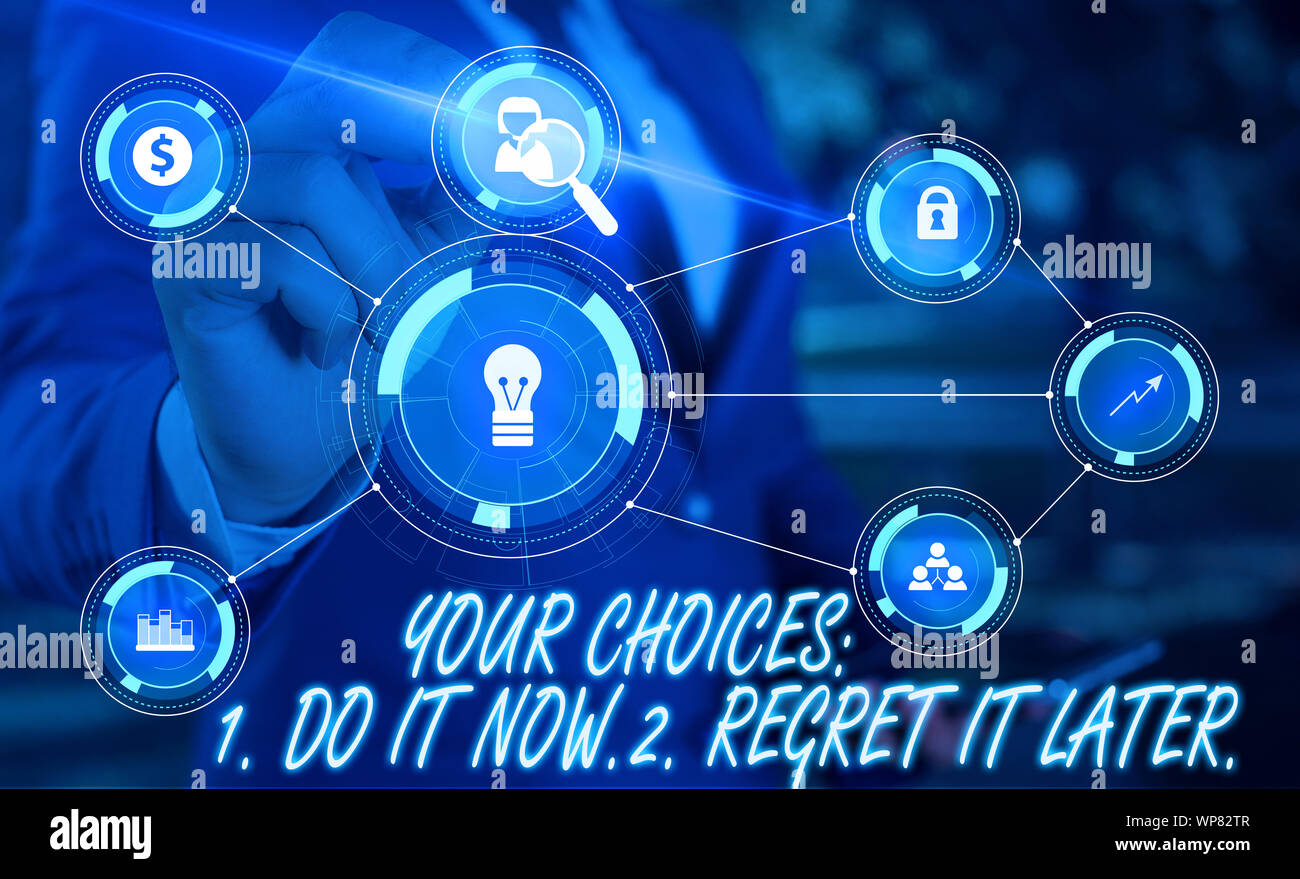 Writing note showing Your Choices 1 Do It Now 2 Regret It Later ...