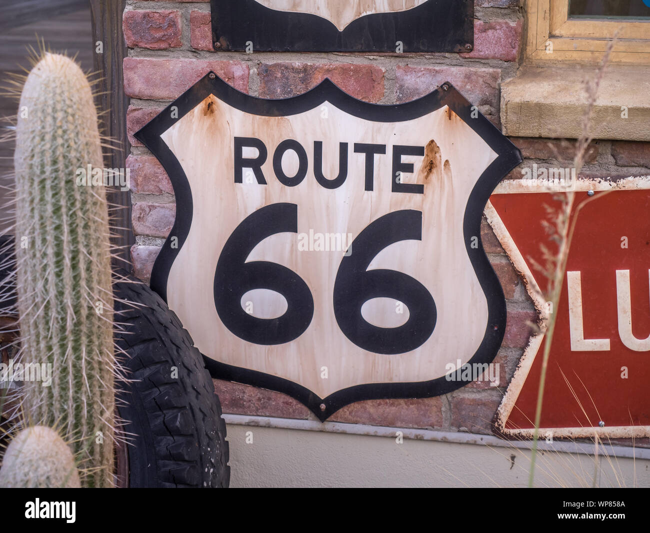 Vintage Route 66 highway signs on an old rustic background Stock Photo ...