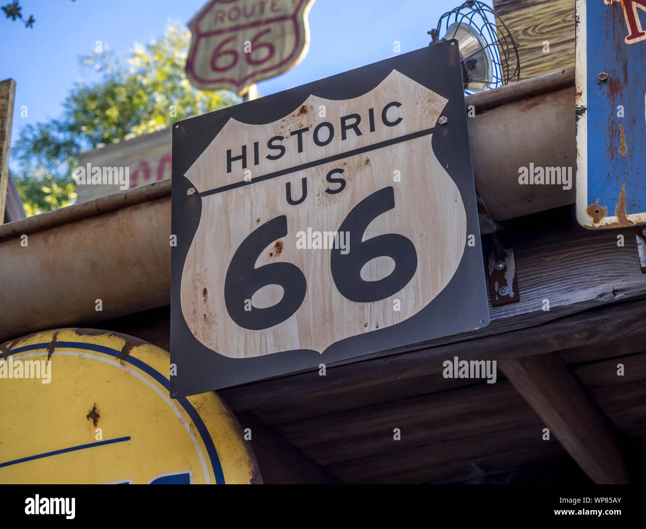 Vintage Route 66 highway signs on an old rustic background Stock Photo ...