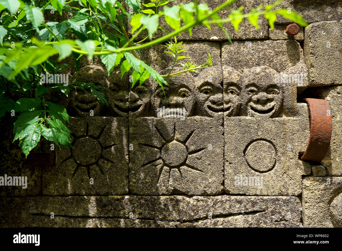 Indigenous Carving On A Volcanic Rock With Green Plants And Sun Stock ...