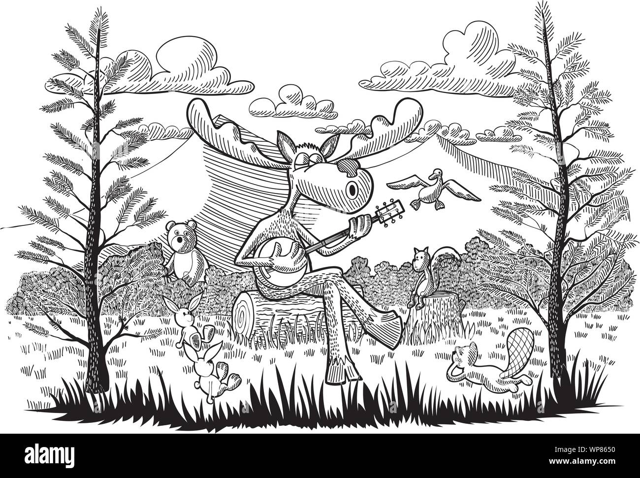Cartoon illustration of a moose playing banjo for some forest animals ...