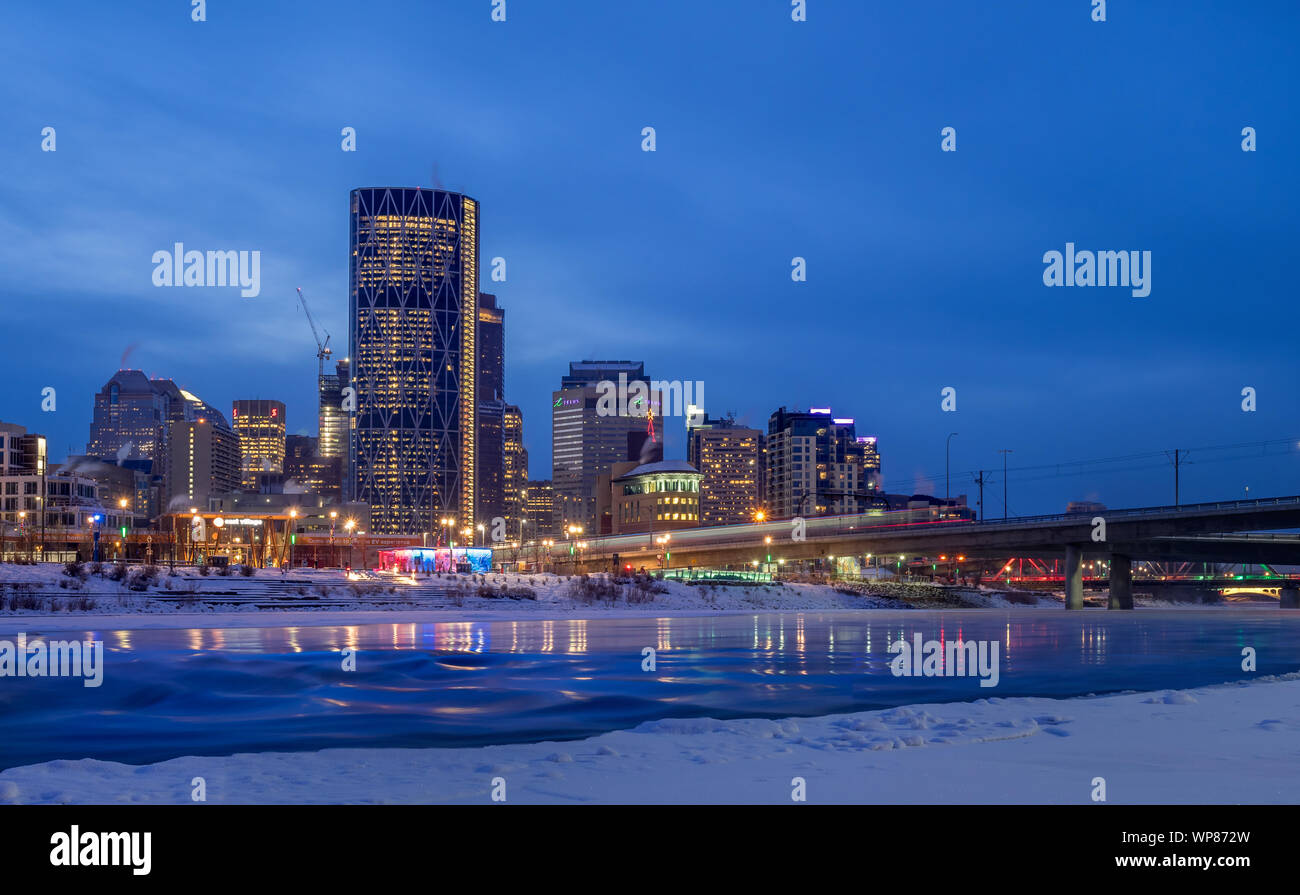 The Bow River and Calgary skyline on a cold winter day in Calgary ...