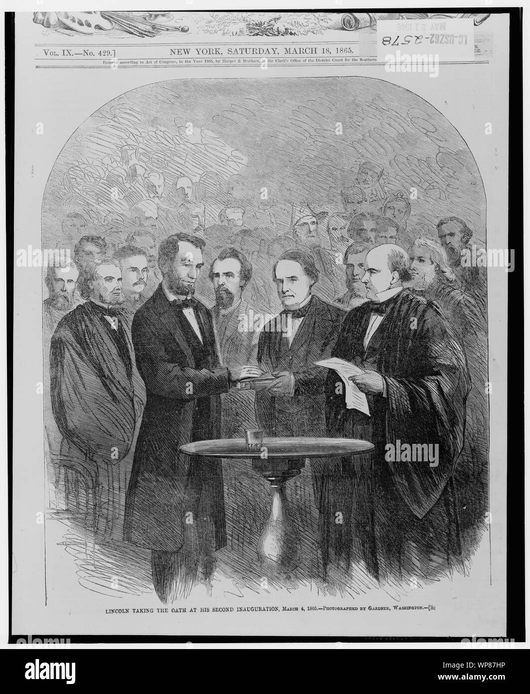 Lincoln taking the oath at his second inauguration, March 4, 1865 Stock ...