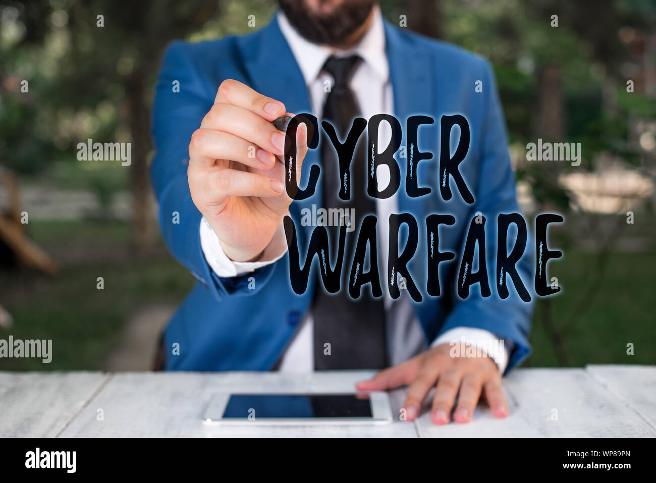 Writing note showing Cyber Warfare. Business concept for Virtual War ...