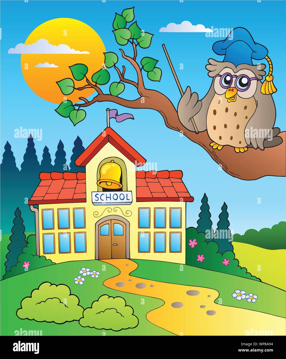 Owl teacher with school building Stock Vector Image & Art - Alamy