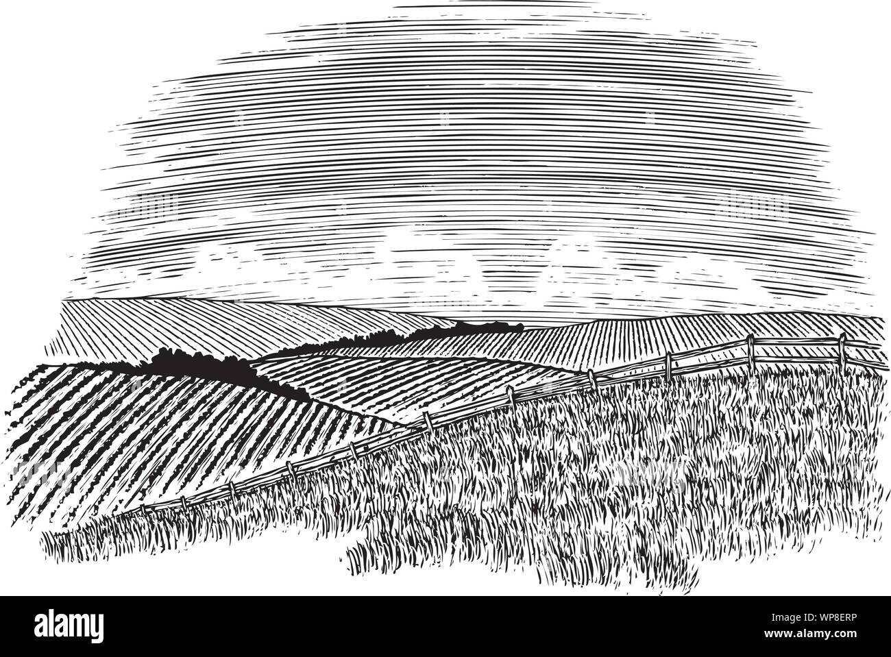 Woodcut illustration of a rural countryside scene with fields of crops ...