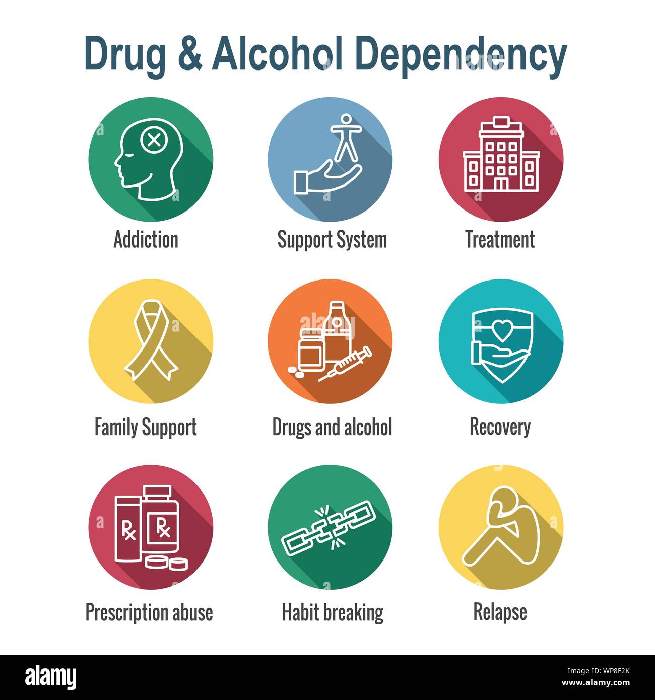 Drug & Alcohol Dependency Icon Set w support, recovery, and treatment ...