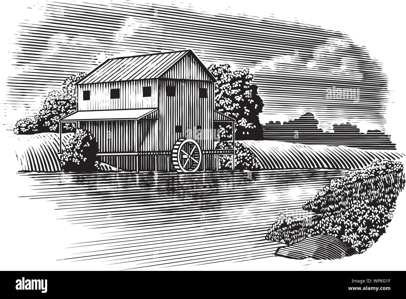 Woodcut-style illustration of a mill with a river flowing by Stock ...