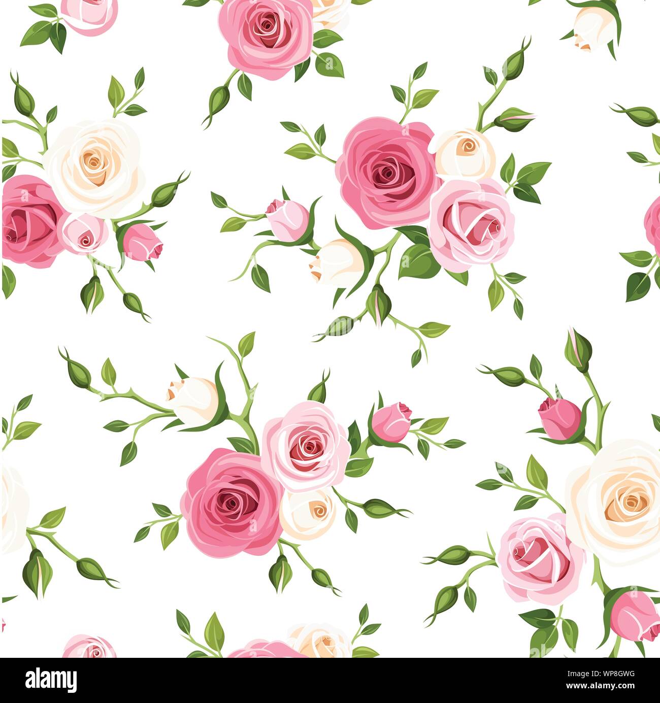 Vector seamless pattern with pink and white roses and green leaves on a ...