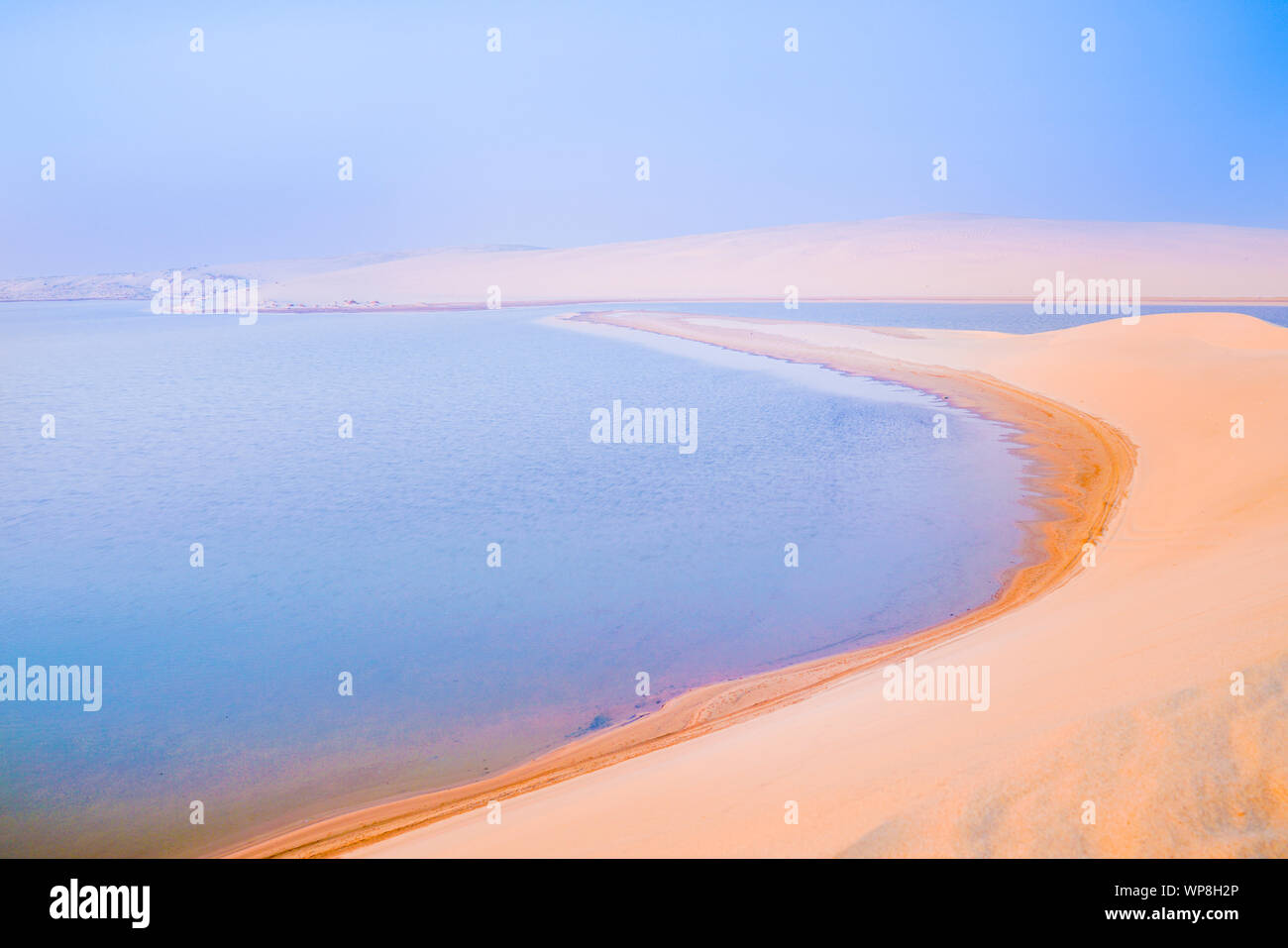 Desert at sunrise, golden hue before the sun rises over Sealine Desert ...