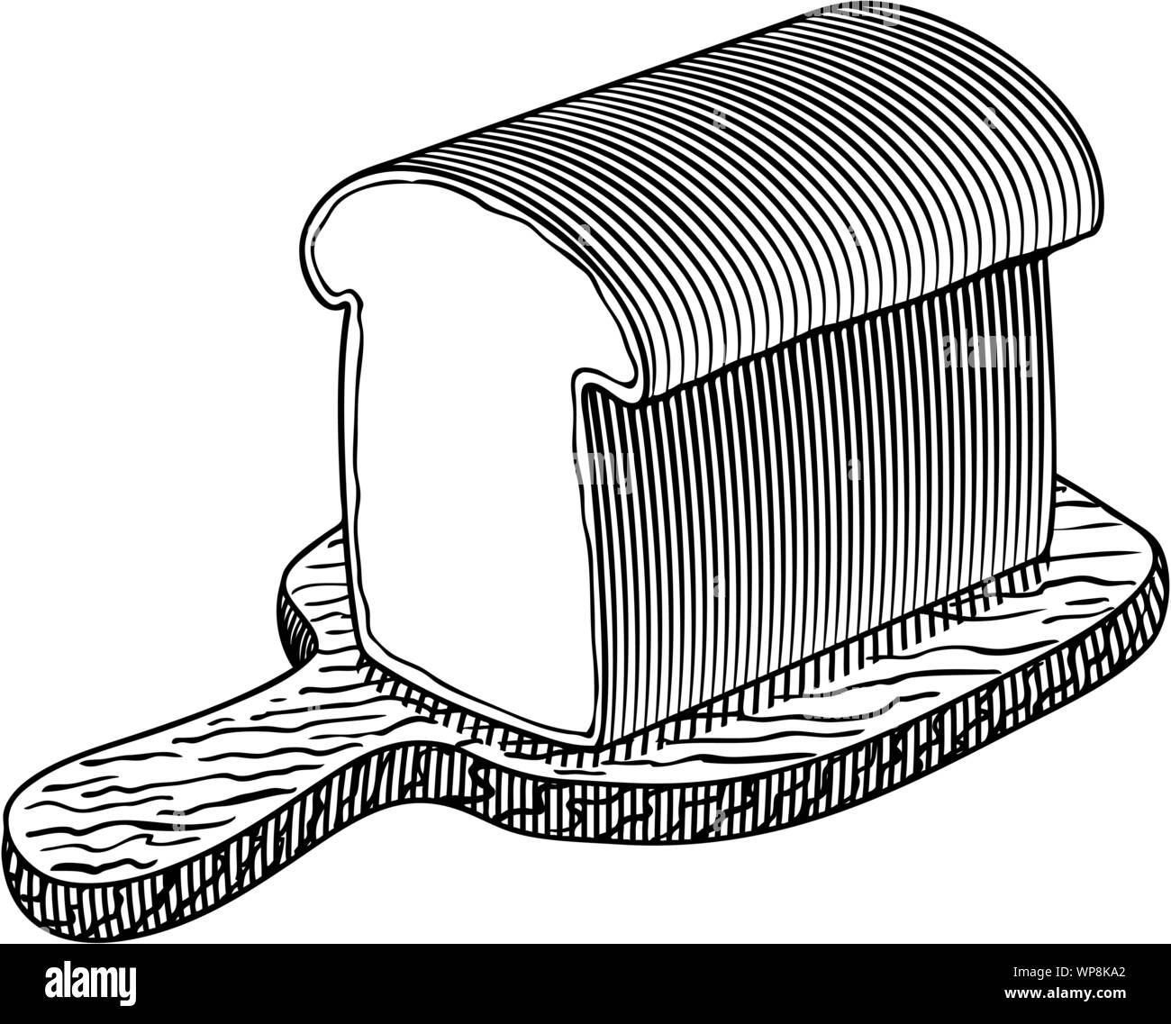 Woodcut-style illustration of a loaf of bread on a cutting board Stock ...