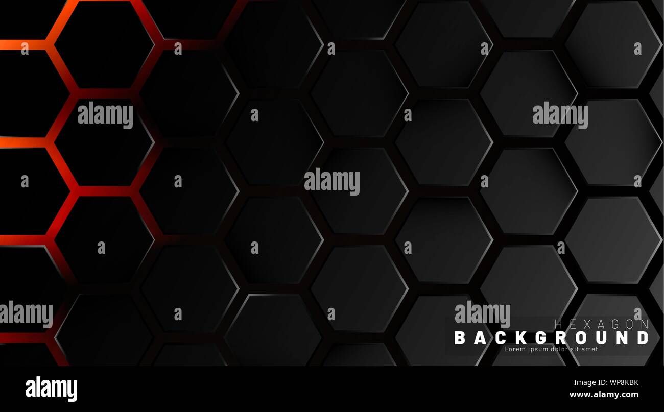 Abstract black hexagon pattern on neon gradient orange background technology style. Honeycomb ...