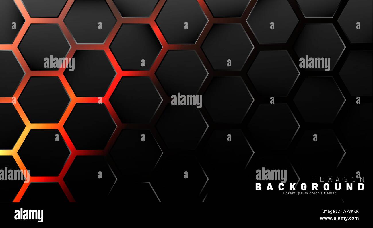 Abstract black hexagon pattern on neon gradient orange background technology style. Honeycomb ...
