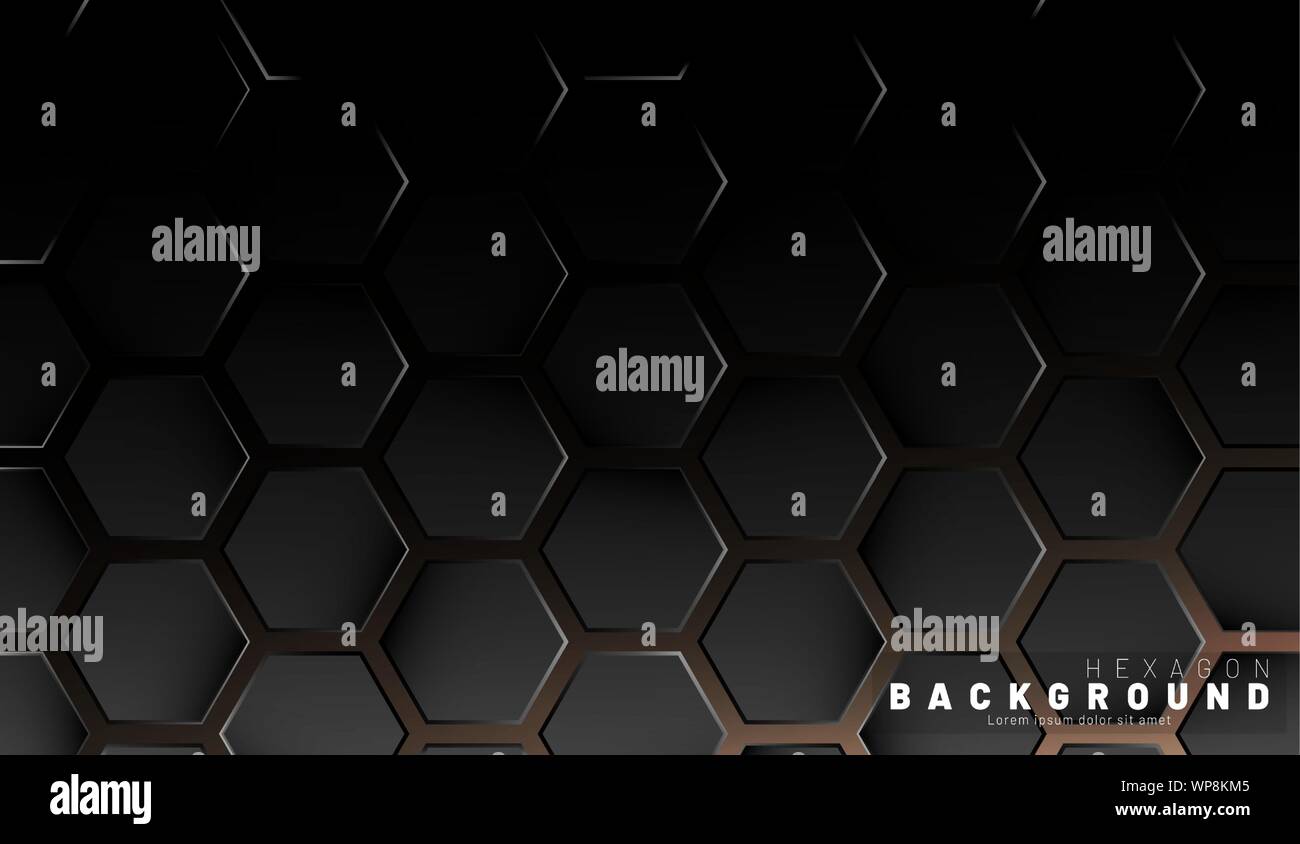 Abstract black hexagon pattern on neon gradient orange background technology style. Honeycomb ...