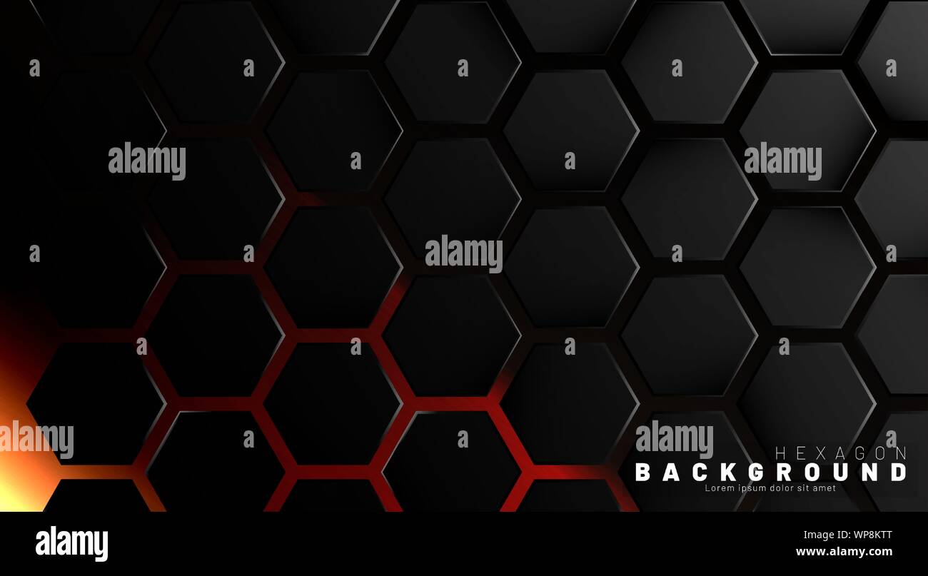 Abstract black hexagon pattern on neon gradient orange background technology style. Honeycomb ...