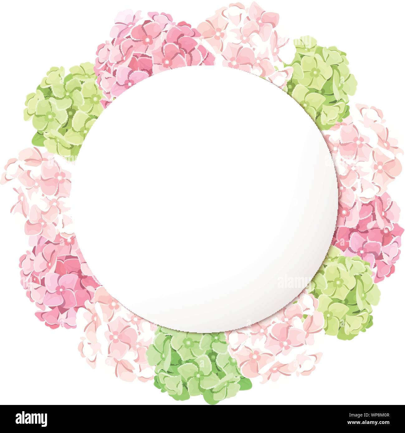 Vector circle card with pink and green hydrangea flowers Stock Vector ...