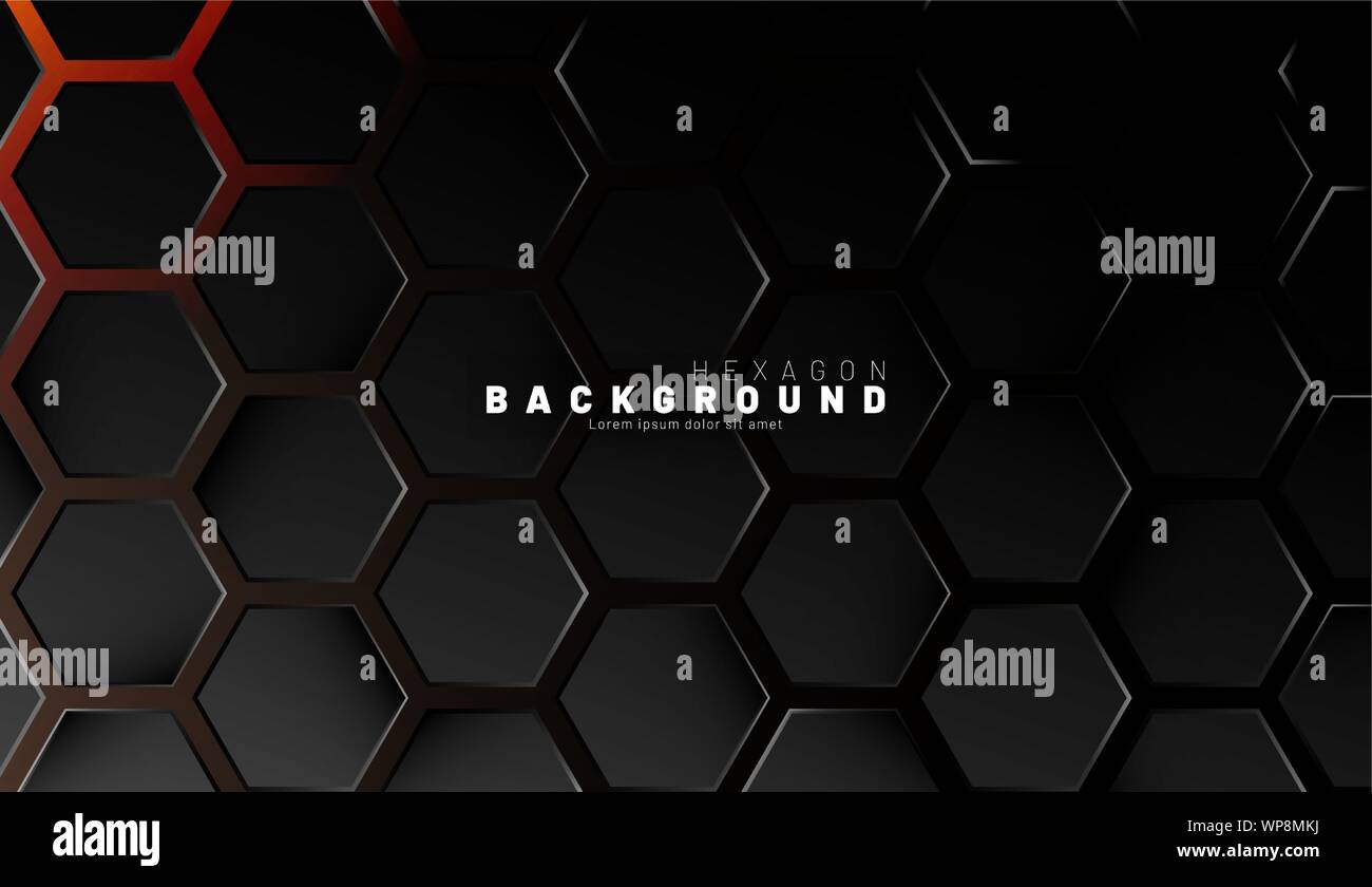 Abstract black hexagon pattern on neon gradient orange background technology style. Honeycomb ...