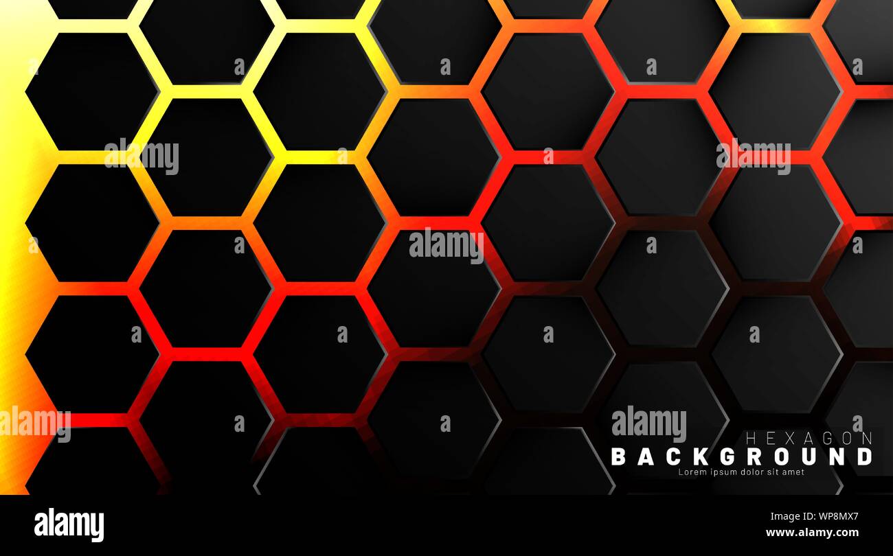 Abstract black hexagon pattern on neon gradient orange background technology style. Honeycomb ...