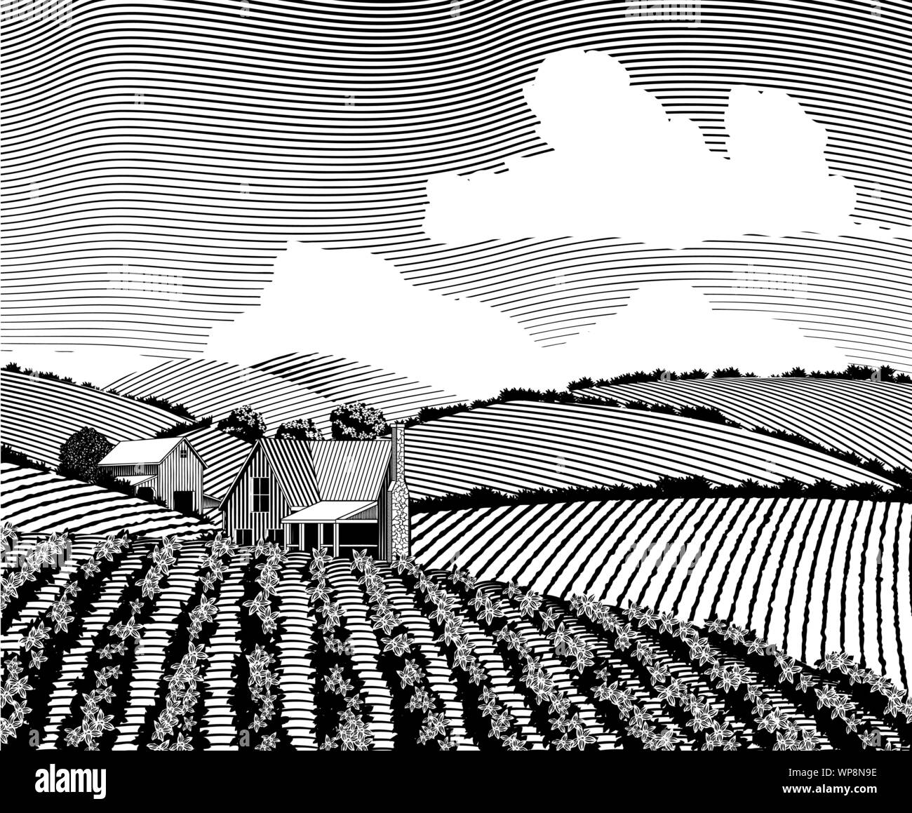 Woodcut illustration of a farm house next to farm fields Stock Vector ...