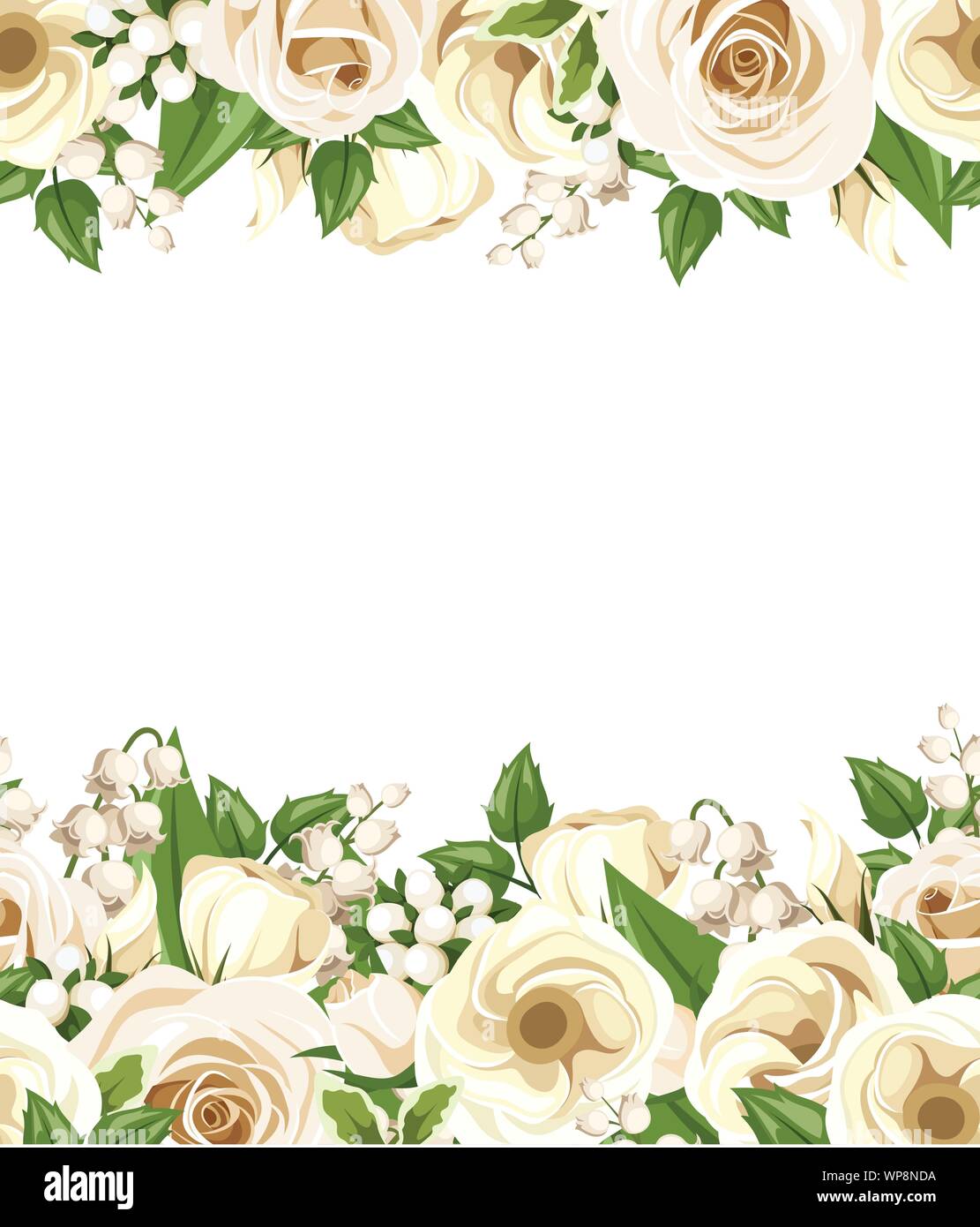 Vector horizontal seamless background with white roses, lisianthus and lilac flowers and green ...