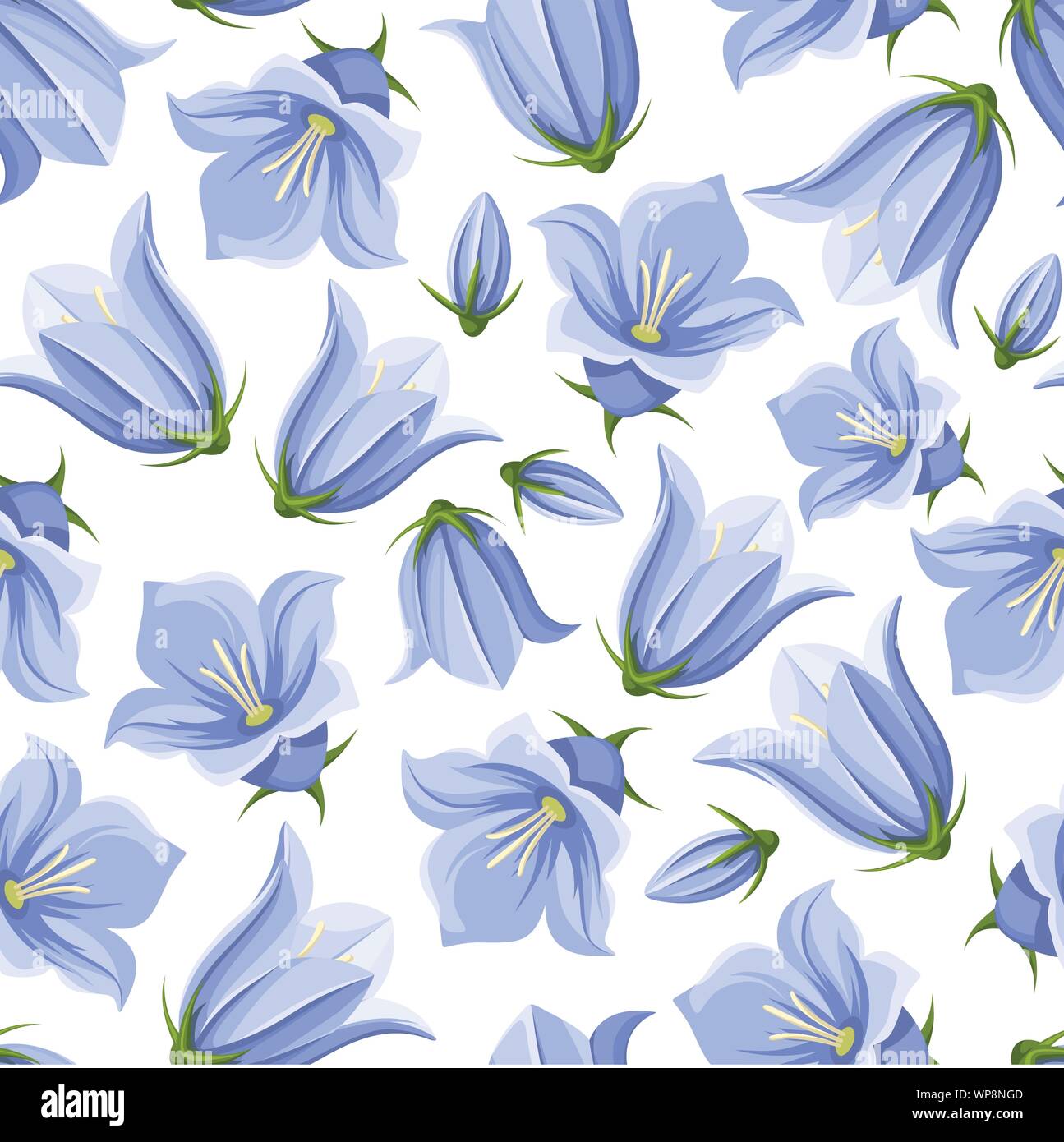 Vector seamless pattern with blue bluebell flowers isolated on a white ...