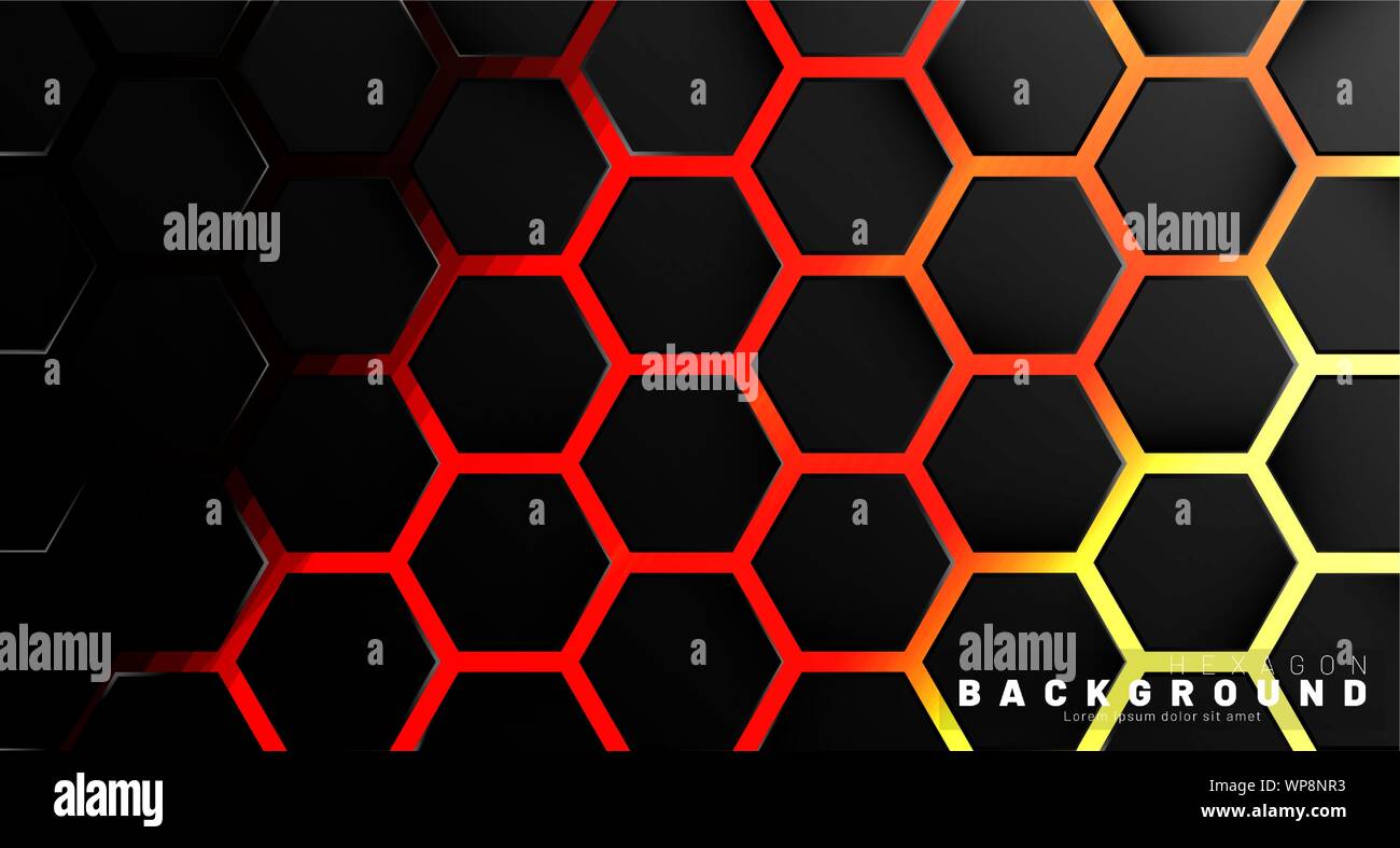 Abstract black hexagon pattern on neon gradient orange background technology style. Honeycomb ...