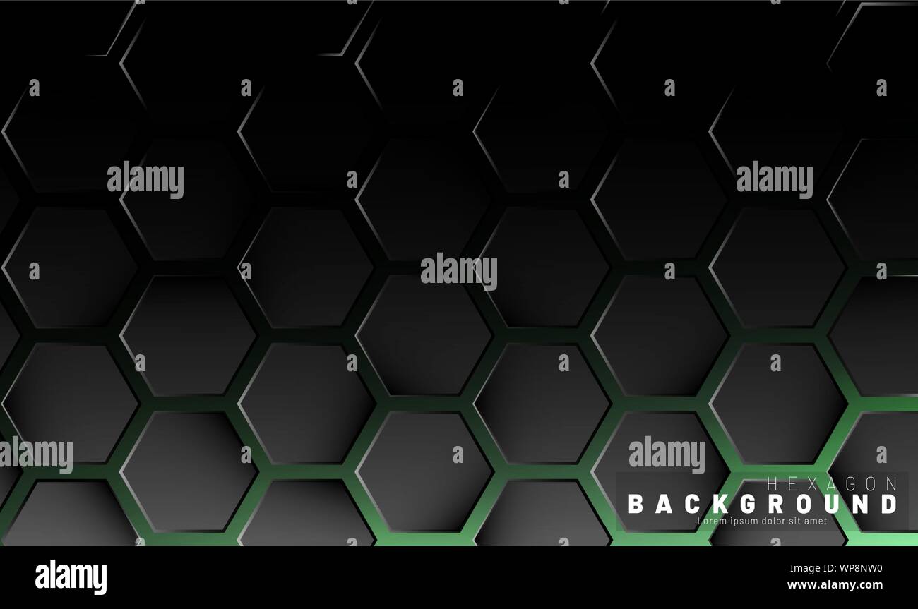 Abstract black hexagon pattern on green neon background technology style. Honeycomb. Vector ...