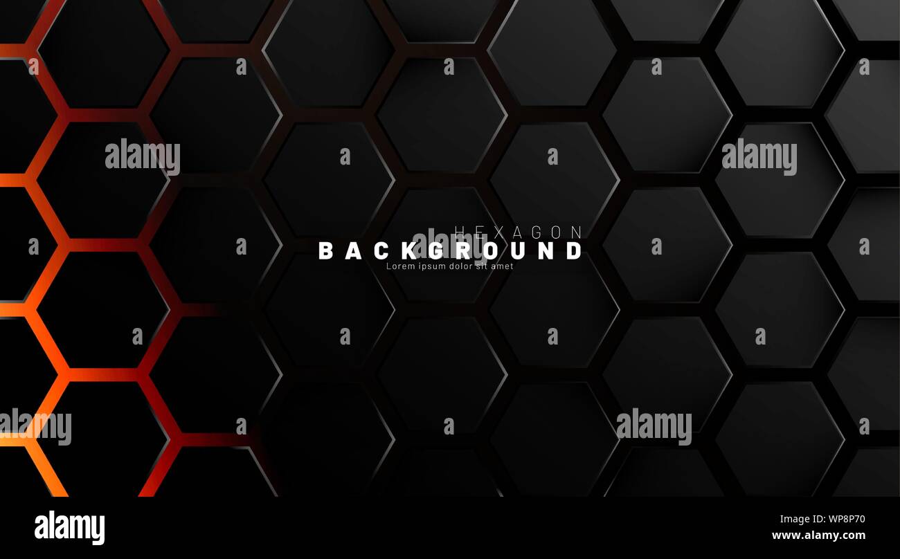 Abstract black hexagon pattern on neon gradient orange background technology style. Honeycomb ...