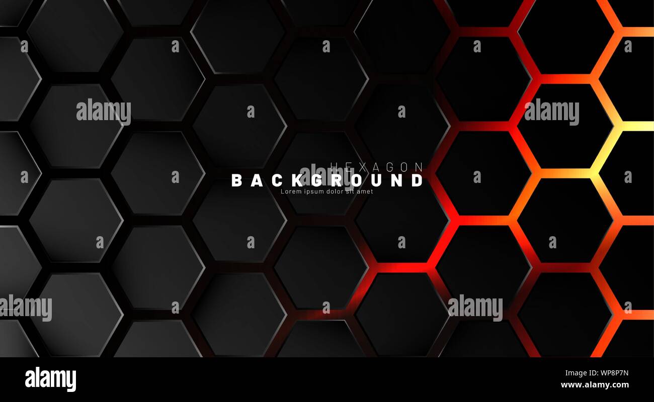 Abstract black hexagon pattern on neon gradient orange background technology style. Honeycomb ...