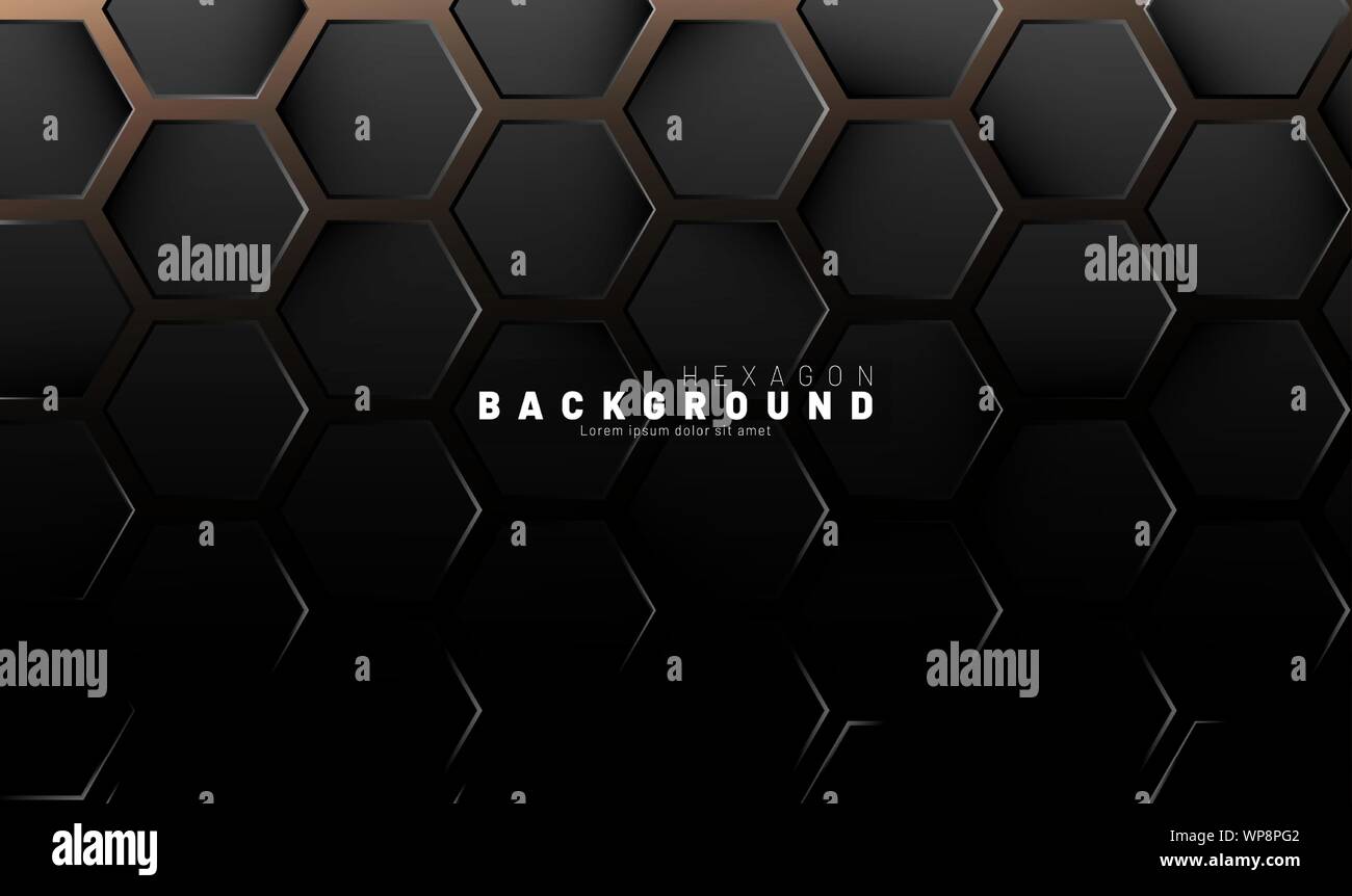 Abstract black hexagon pattern on neon gradient orange background technology style. Honeycomb ...