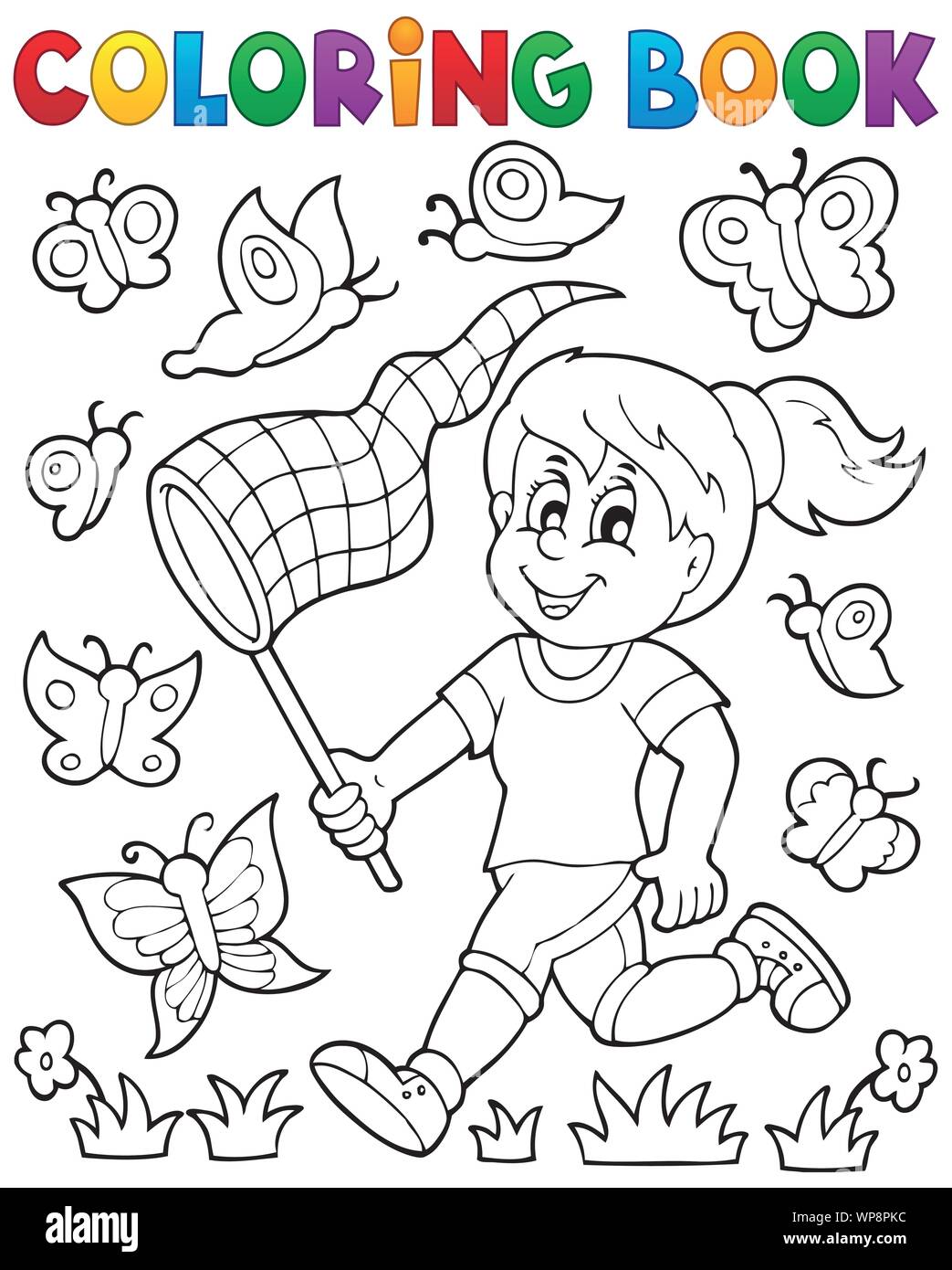 Coloring book girl chasing butterflies Stock Vector Image & Art - Alamy