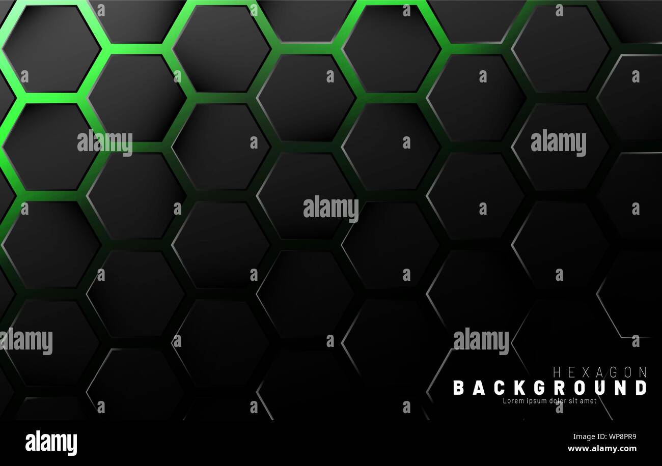 Abstract black hexagon pattern on green neon background technology style. Honeycomb. Vector ...
