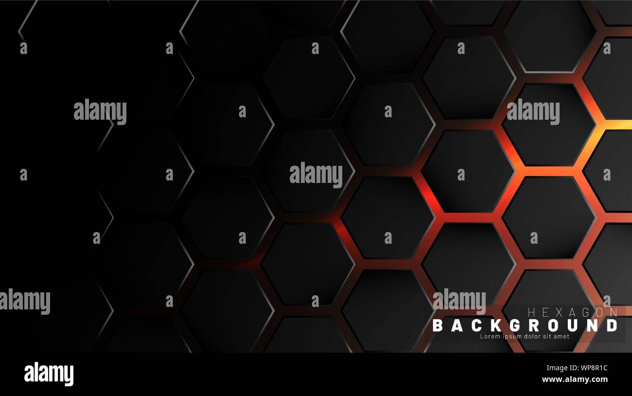 Abstract black hexagon pattern on neon gradient orange background technology style. Honeycomb ...