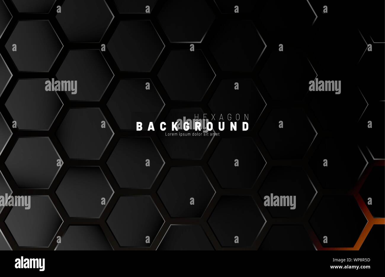 Abstract black hexagon pattern on neon gradient orange background technology style. Honeycomb ...