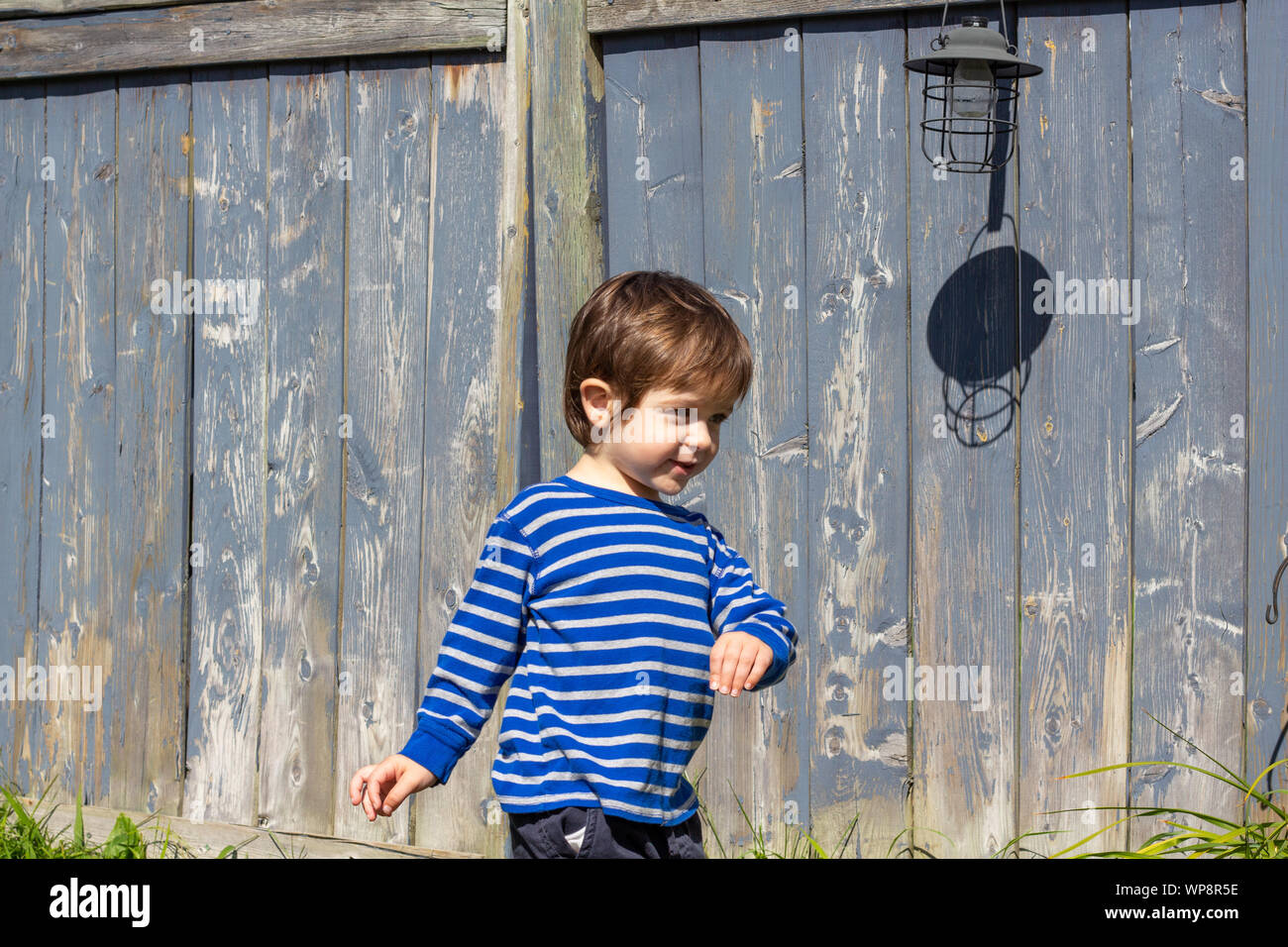 An adorable little boy, about two years old, moves his arms as he walks ...