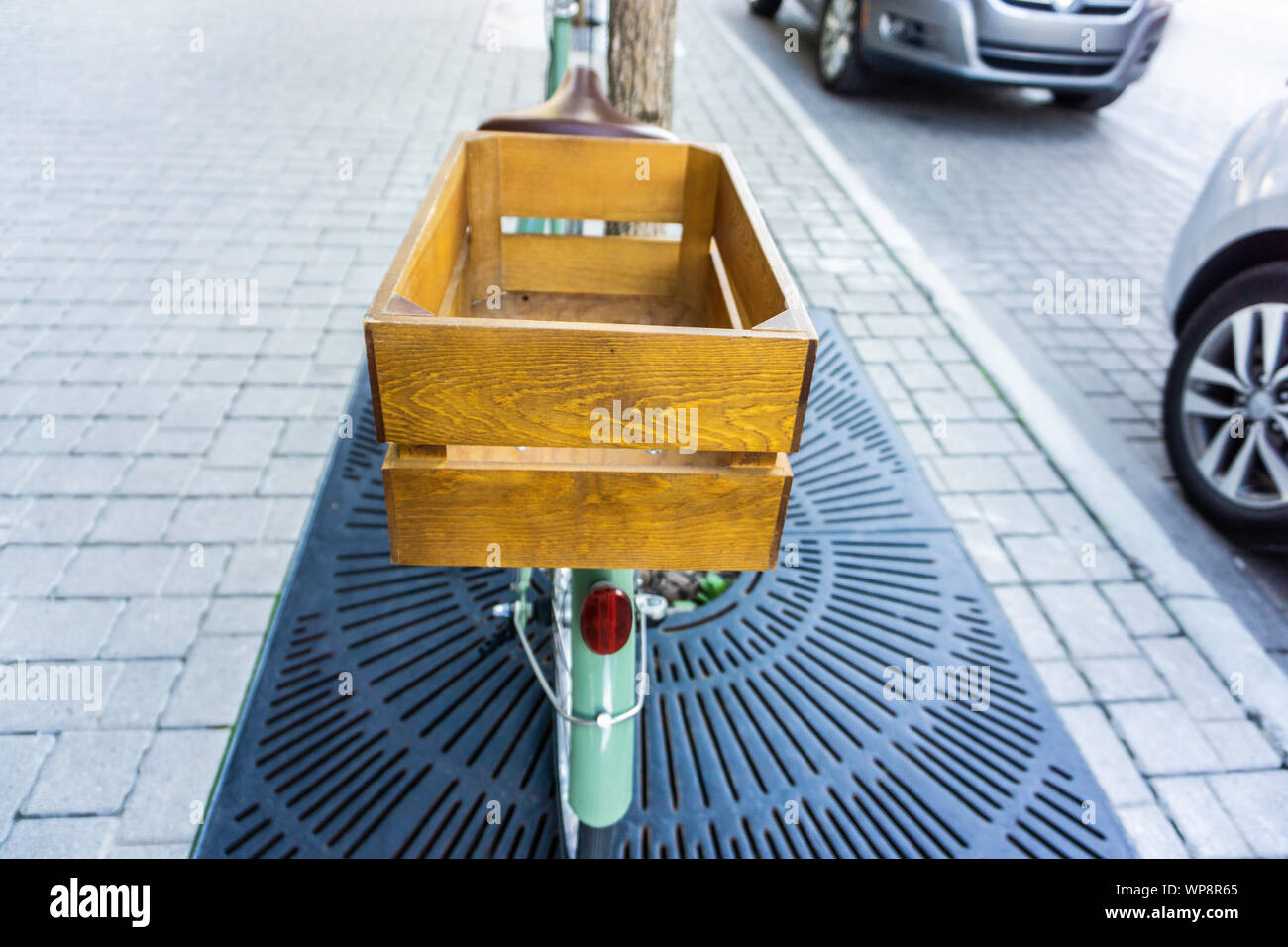 Bicycle with wood crate box on back in city street Stock Photo - Alamy
