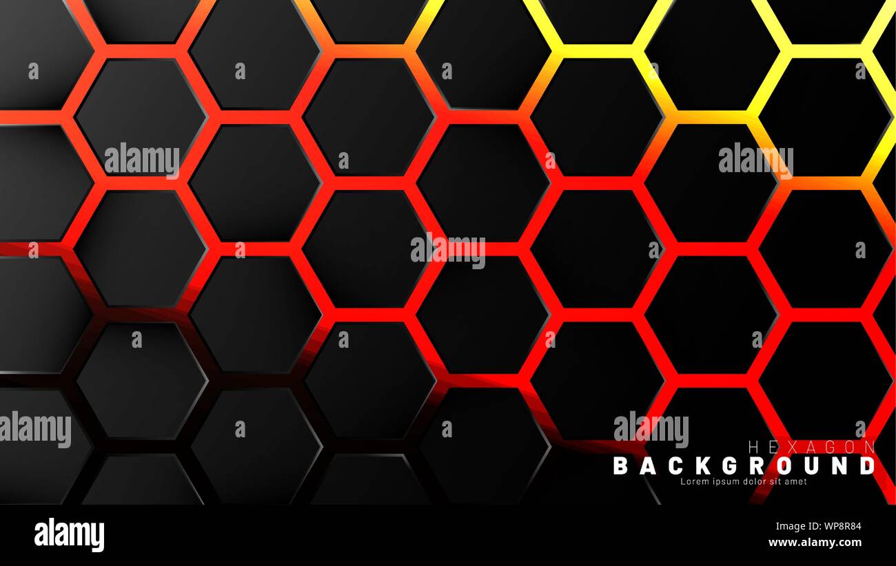 Abstract black hexagon pattern on neon gradient orange background technology style. Honeycomb ...