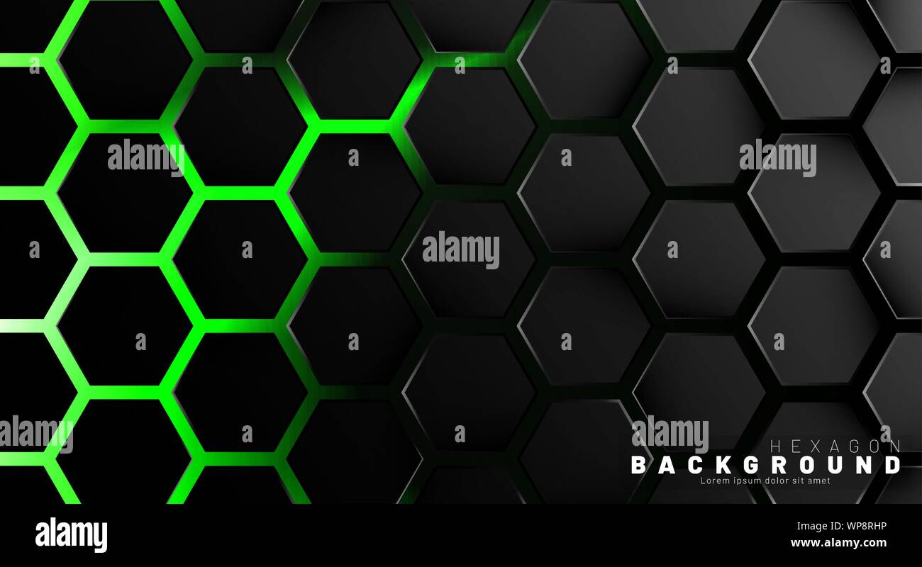 Abstract black hexagon pattern on green neon background technology style. Honeycomb. Vector ...