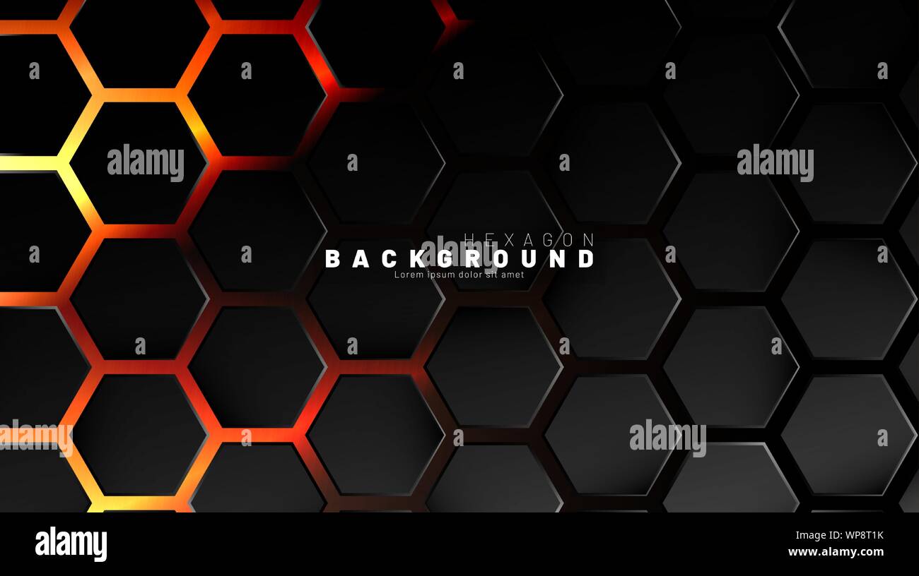 Abstract Black Hexagon Pattern On Neon Gradient Orange Background Technology Style Honeycomb