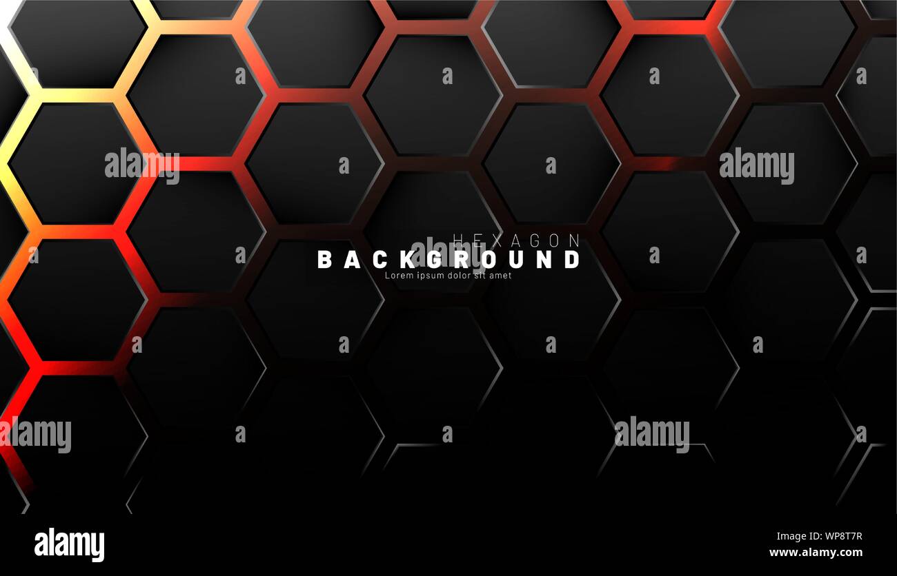 Abstract black hexagon pattern on neon gradient orange background technology style. Honeycomb ...