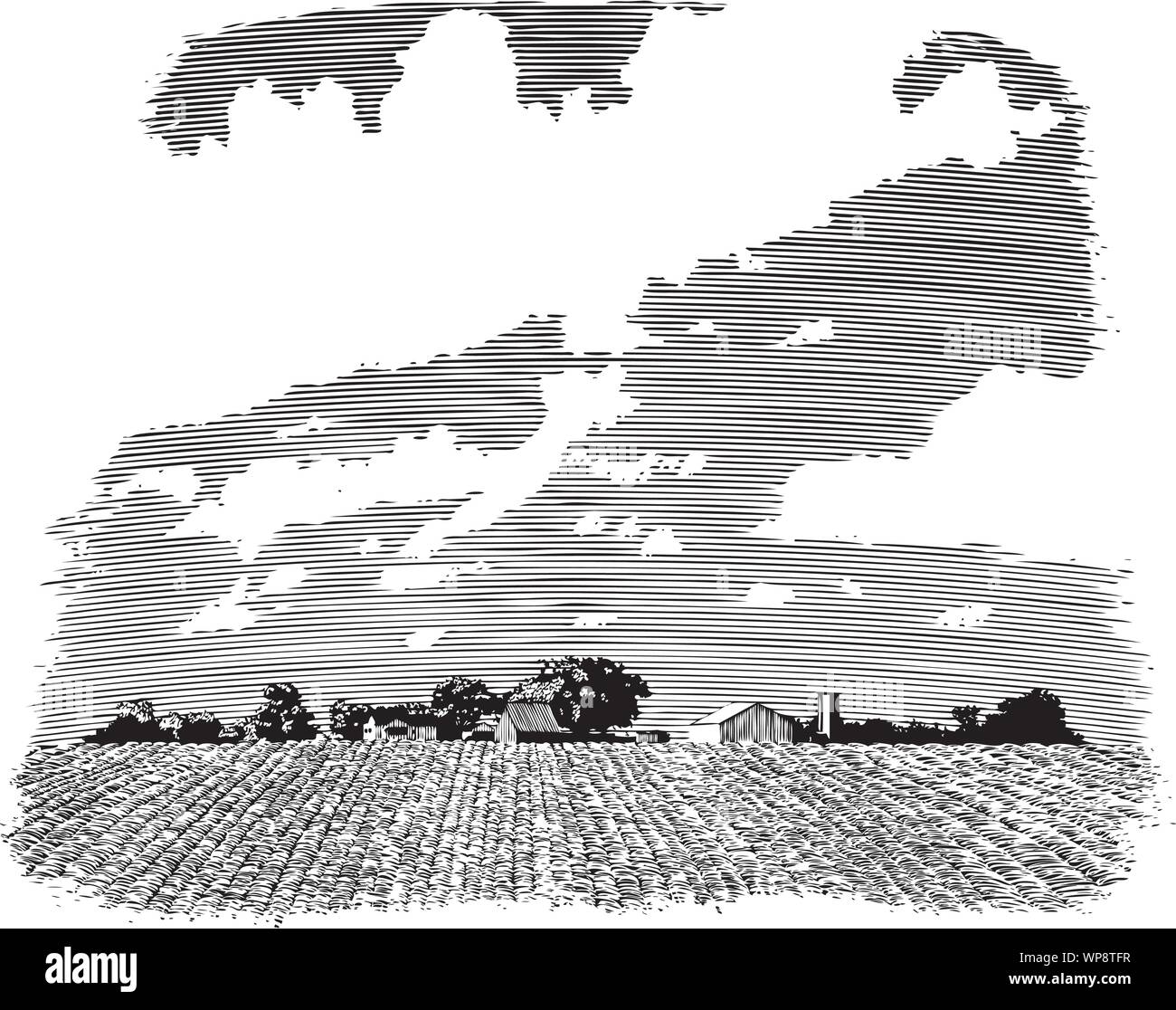 Woodcut-style illustration of a Kansas farm and field Stock Vector ...